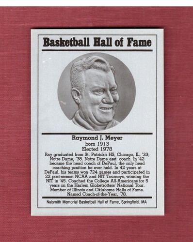 RAY MEYER, DePAUL ~ 1/999 metallic plaque card | Basketball Hall of ...