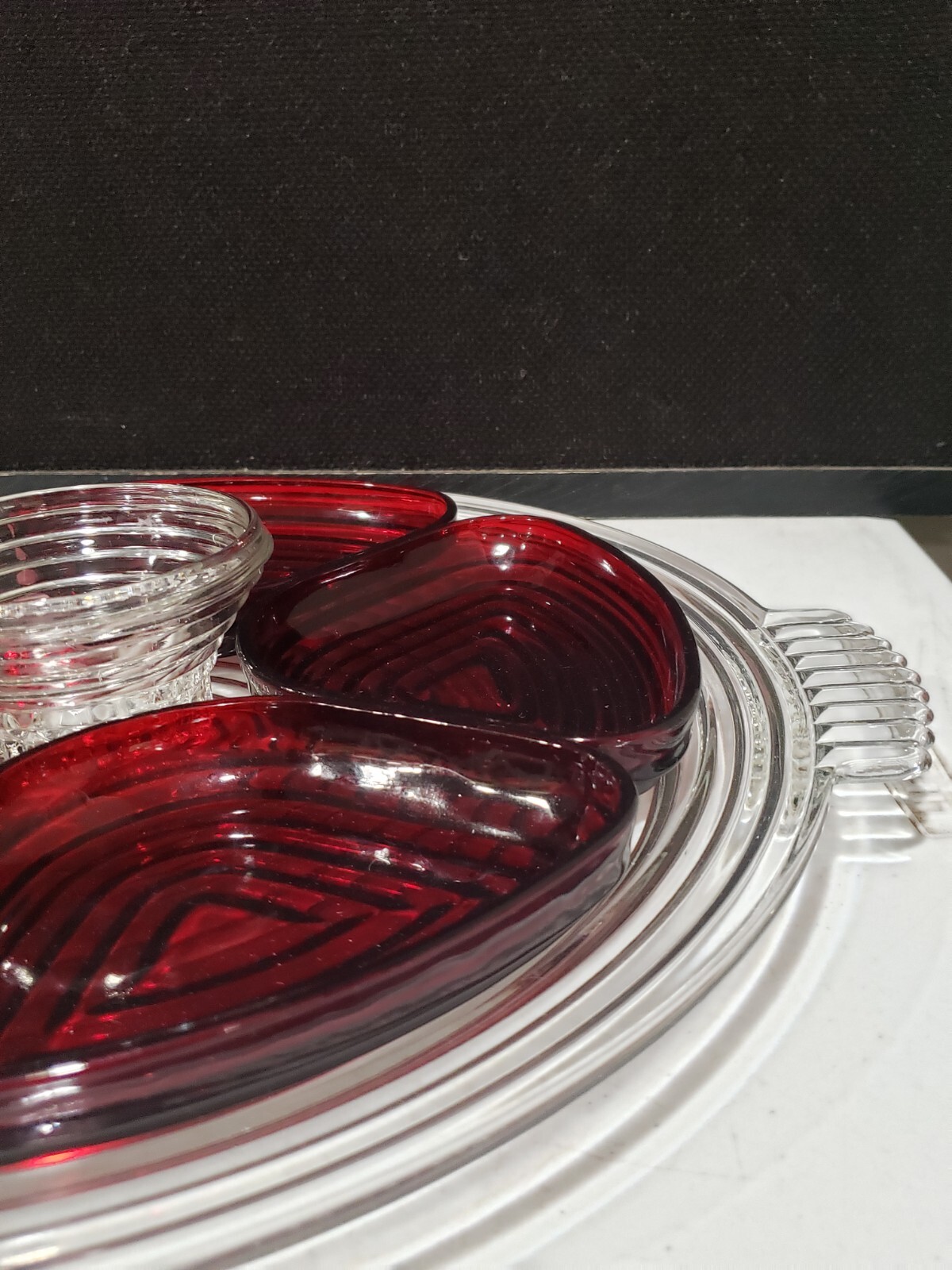 14" Anchor Hocking MANHATTAN Glass Relish Tray WITH ROYAL RUBY Relish ...