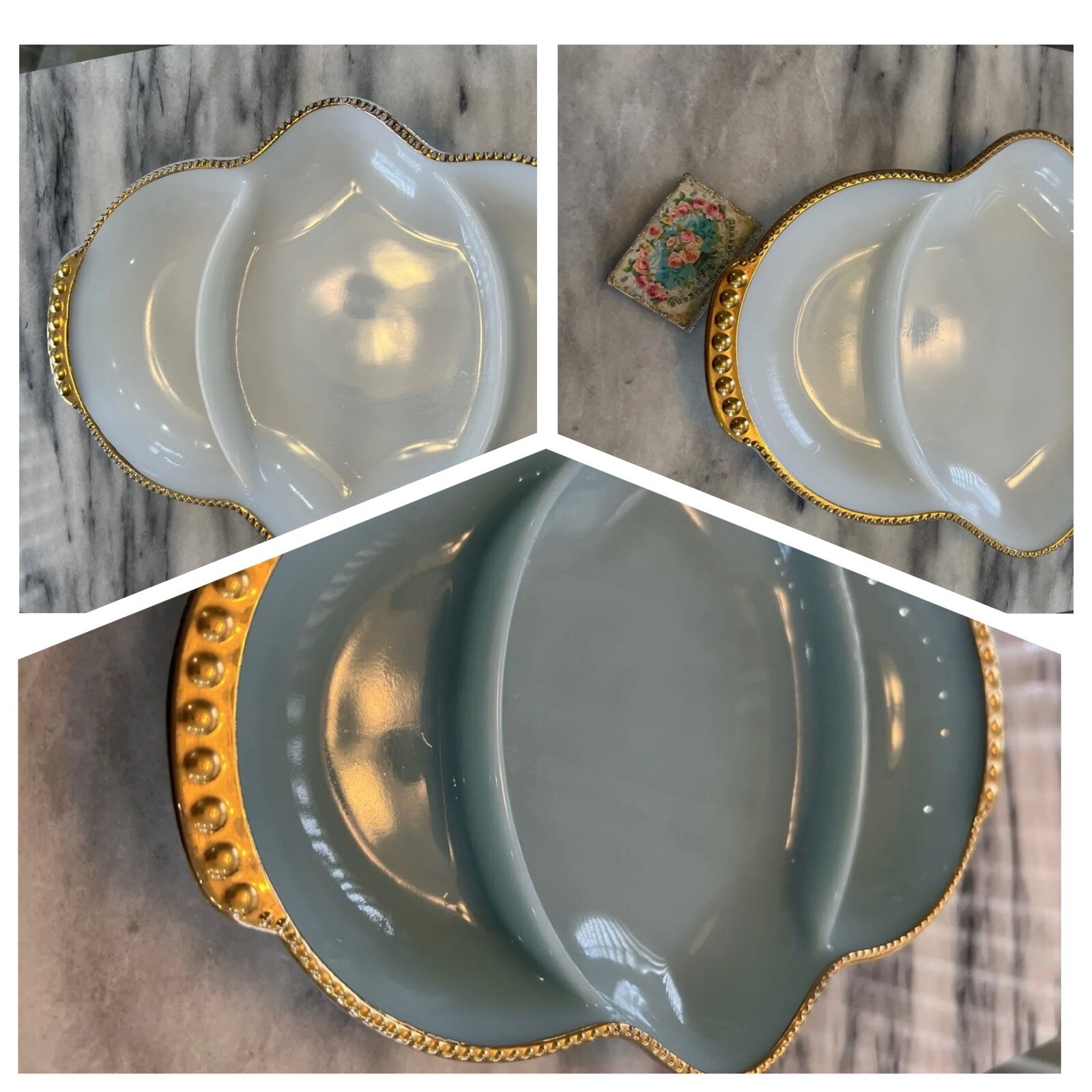 FIRE KING DELPHITE BLUE & MILK GLASS/3 SECTION RELISH DISHES/3PC LOT | eBay