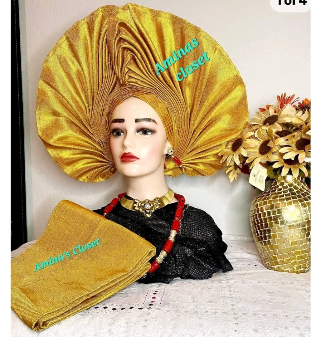 Autogele Only Aso-Oke African Headtie Auto Gele, Ready Made Gele, Gold ...