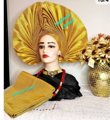 Autogele Only Aso-Oke African Headtie Auto Gele, Ready Made Gele, Gold ...