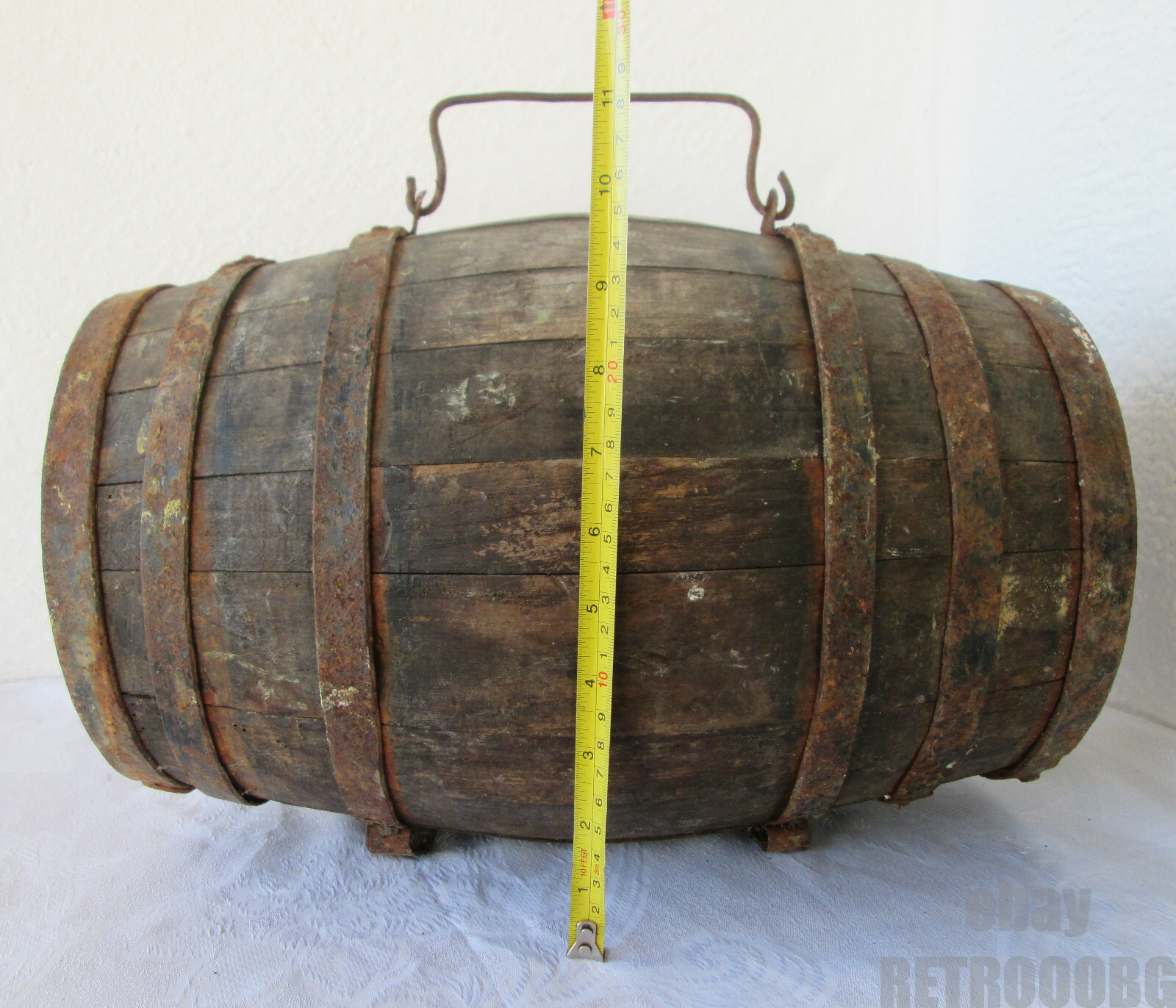 14+" antique primitive 6 iron banded WOODEN BARREL CASK FLASK CANTEEN w ...
