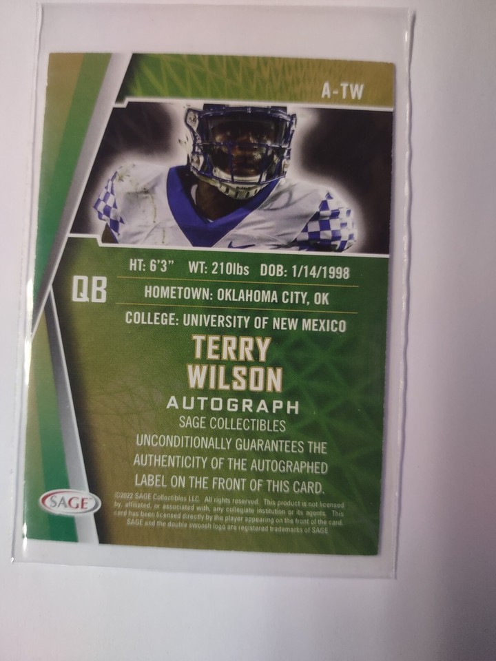 2022 Sage High Series Football Autograph #A-TW Terry Wilson New Mexico ...
