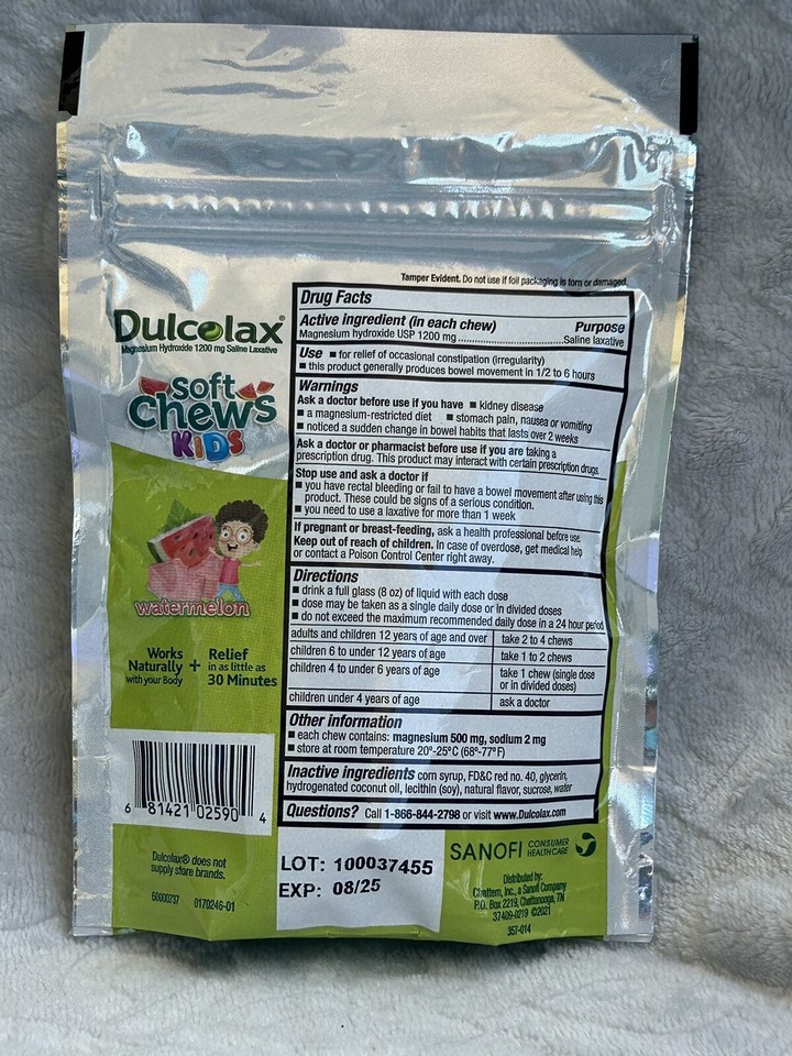 Dulcolax Kids Soft Chews Saline Laxative Watermelon Gentle 1200mg, 15 ...