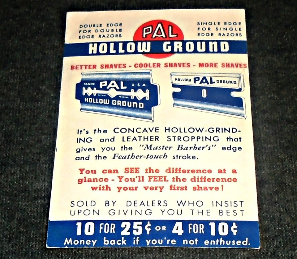 Cool 1960's PAL Hollow Ground Safety Razor Sample Razor Giveaway Card ...