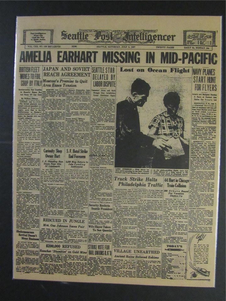 VINTAGE NEWSPAPER HEADLINES~ AMELIA EARHART PLANE LOST IN PACIFIC ...