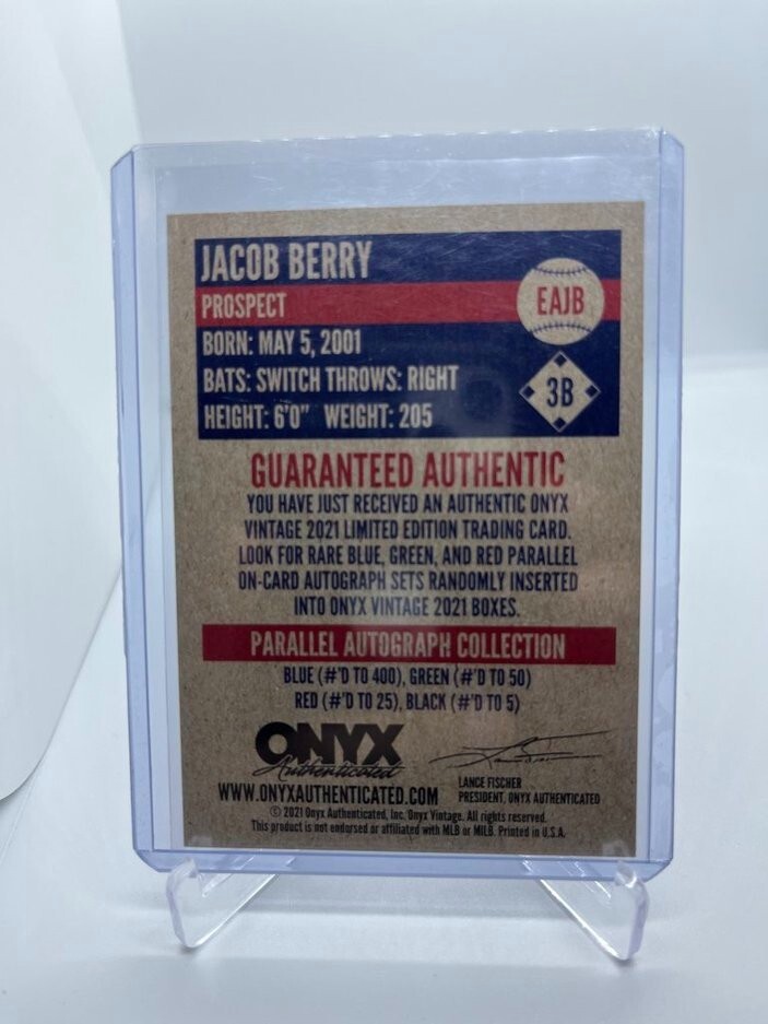 JACOB BERRY 2021 ONYX VINTAGE BASEBALL ON CARD RC AUTO BLUE INK /400 SP ...