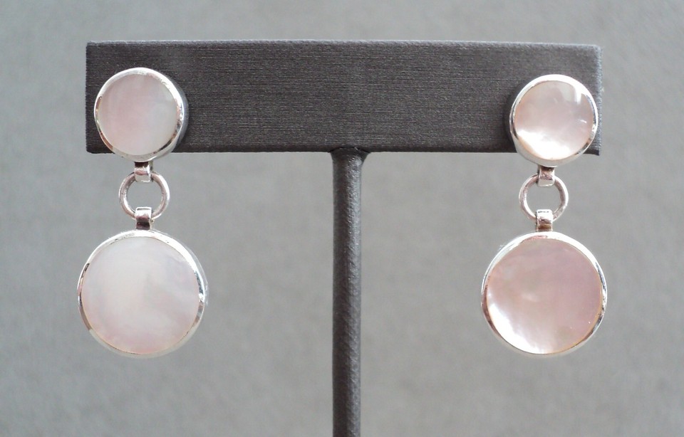 Shimmery Double Drop ABALONE Shell MOP Sterling SILVER EARRINGS Signed ...