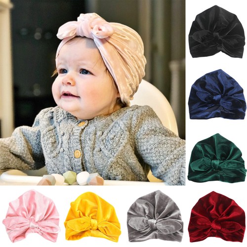 Infant Toddler Baby Solid Color Bowknot Turban Hat Soft Velvet Beanie ...