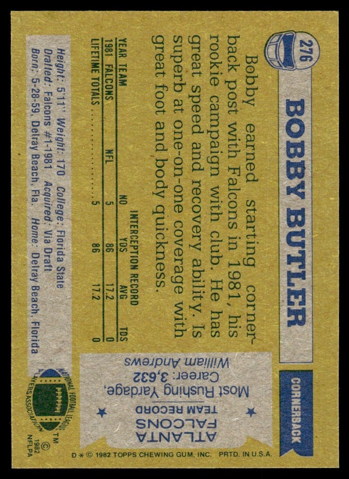 1982 Topps Bobby Butler RC Atlanta Falcons #276 | eBay