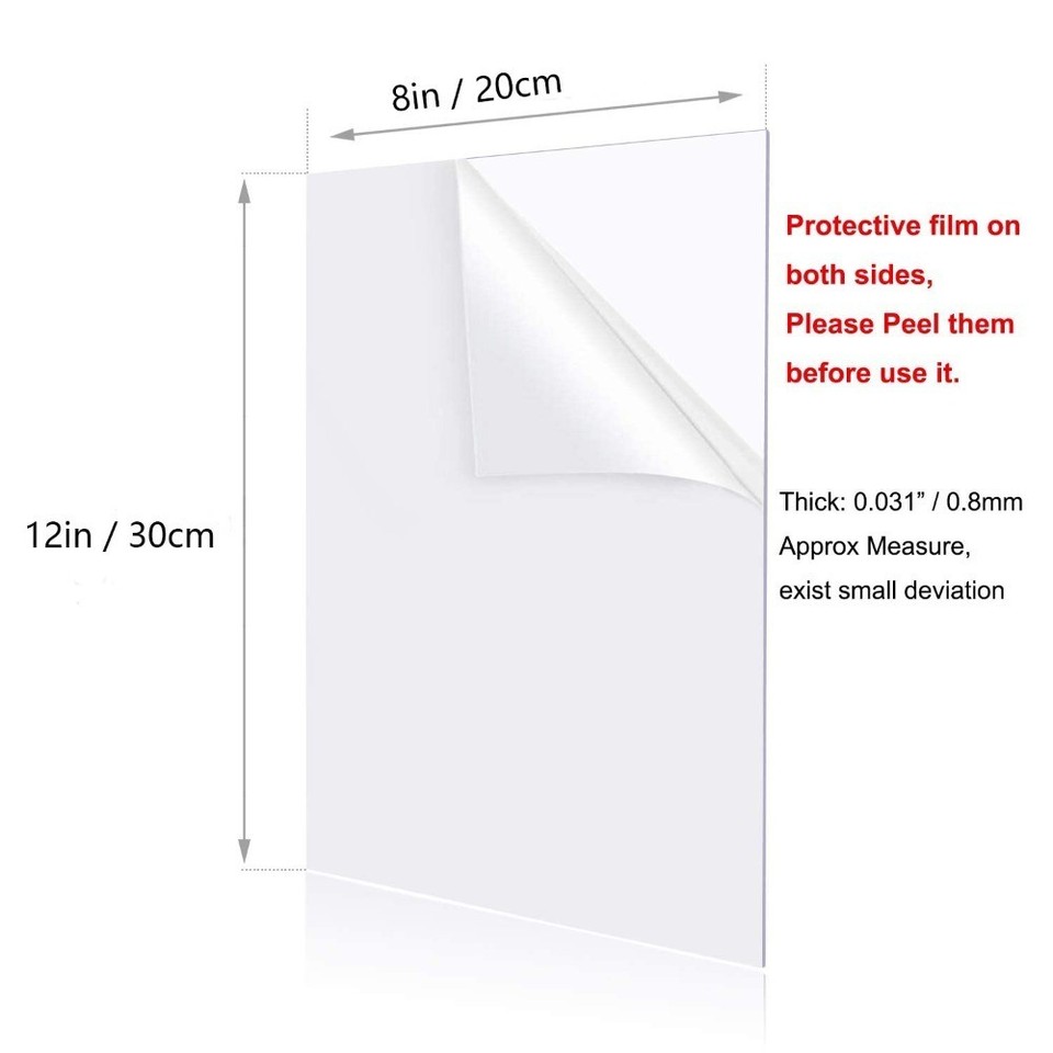 Clear Acrylic Sheet Plexi Plastic Panel 12 x 8 Inch with Protective ...