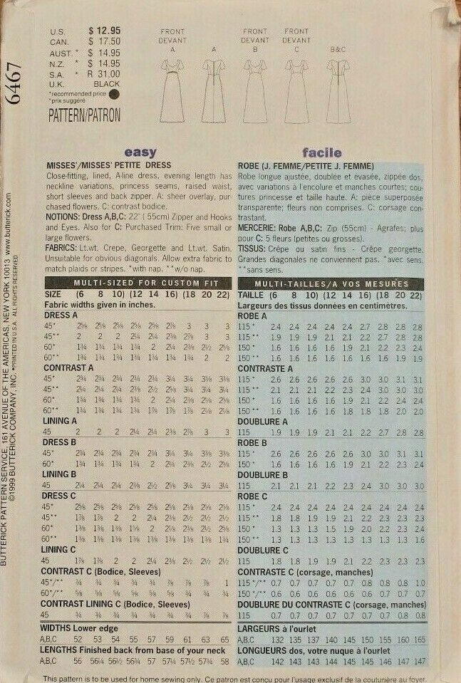 Butterick 6467 Misses Formal Bridal Dress Sewing Pattern 6-8-10 ...