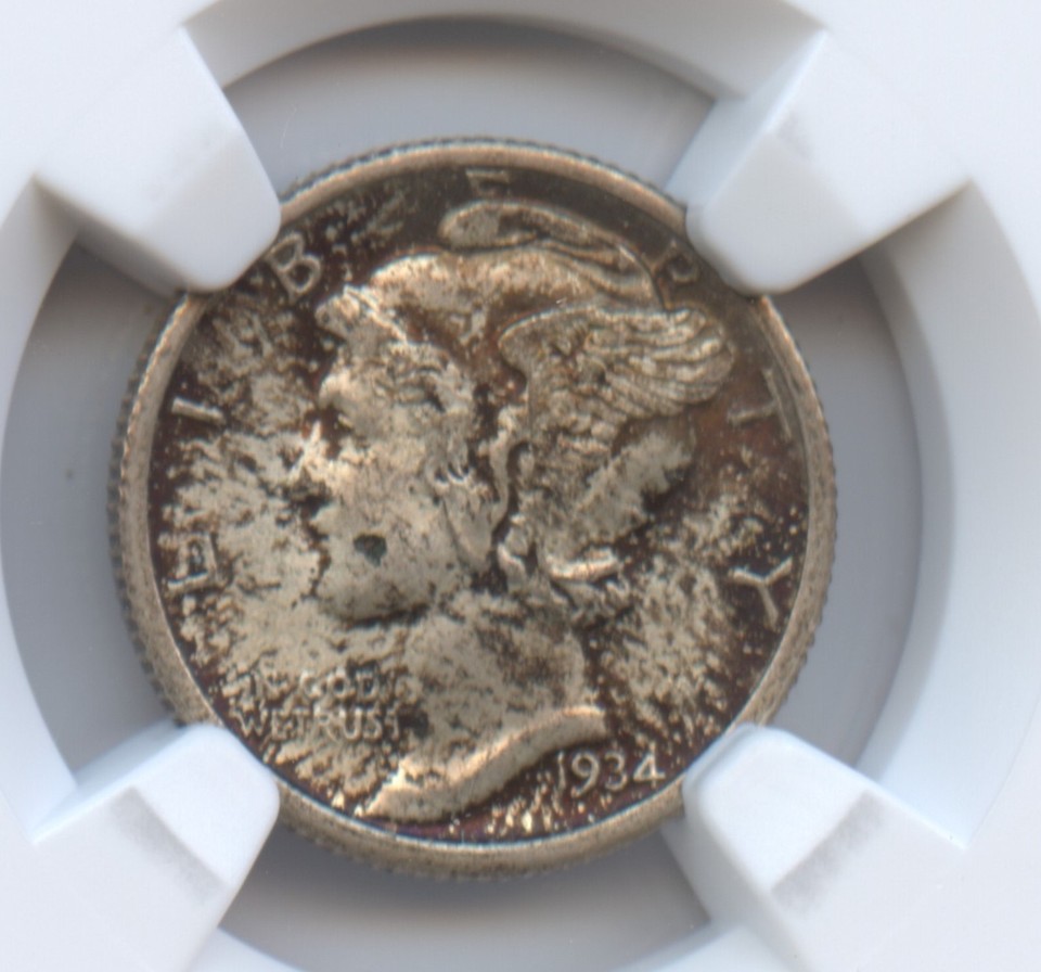 1934 Mercury 10C (#4277). NGC Unc Dtls Environ. Damage. Coin is Totally ...