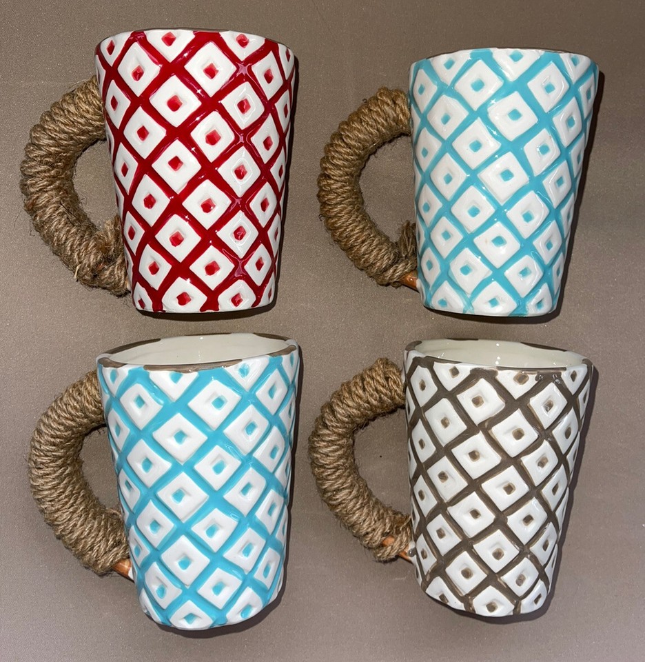 Mud Pie Raised Diamond Pattern Ceramic Mugs With Real Rope Handles New ...