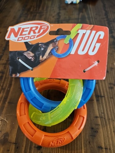 Nerf Dog Tug, 3 Ring Tuff Pull Toy - Blue, Yellow, Red - 4-1/2" dia ...