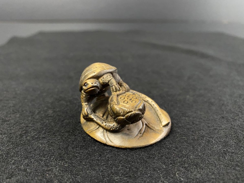 Japanese NETSUKE Charm Wooden Hand-carved Tortoise Turtle Lotus #42 ...