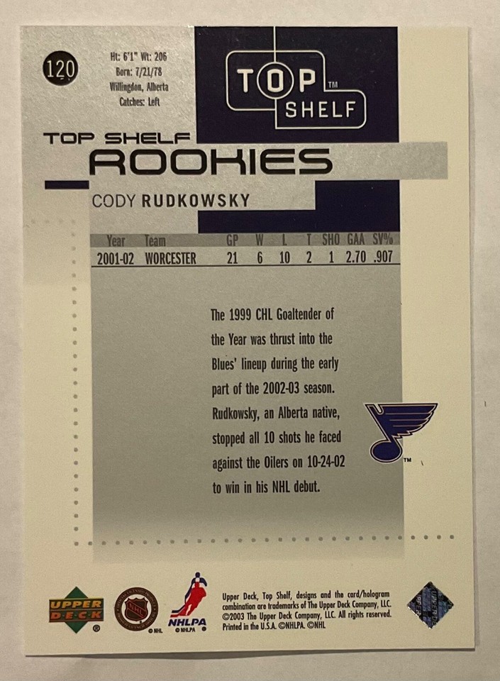 2002-03 CODY RUDKOWSKY UD TOP SHELF ROOKIES CARD RC #120 BLUES #0083/ ...