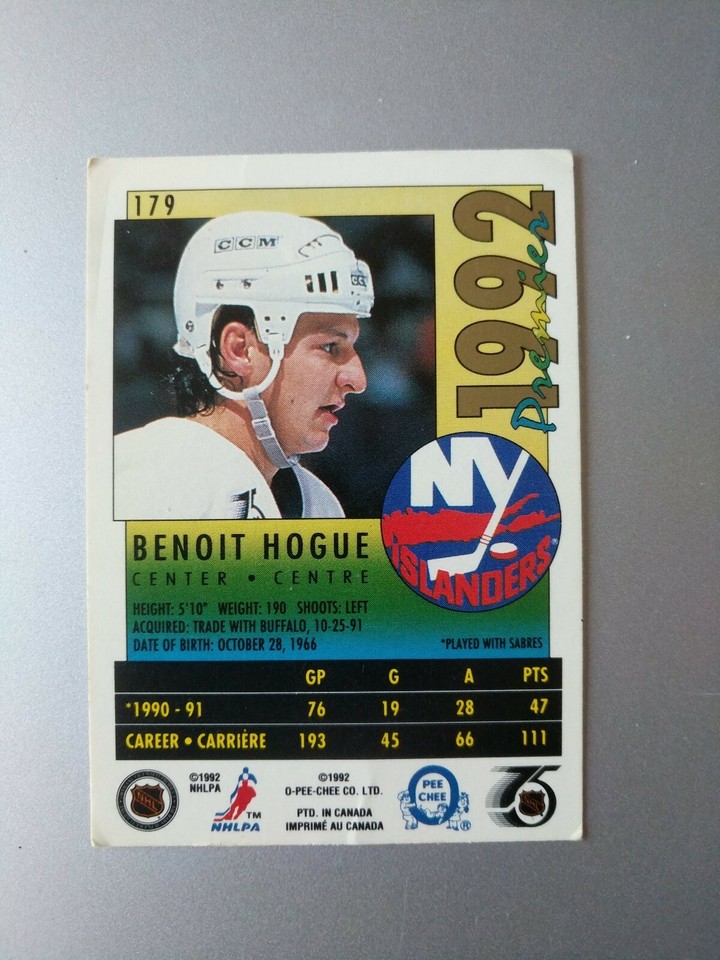 1992-93 O-Pee-Chee Premier NY Islanders Benoit Hogue #179 | eBay
