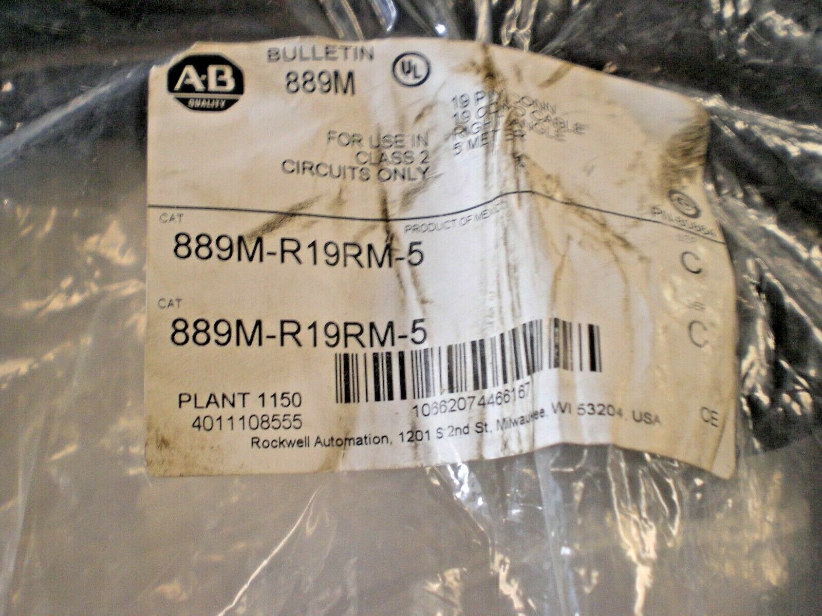 ALLEN BRADLEY 889M-R19RM-5 CABLE, 90 deg. 19 PIN FEMALE PLUG ON 1 END ...