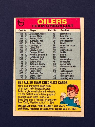 1974 Topps Football Oilers Team Checklist EX+ OC (Off Center) UNMARKED ...