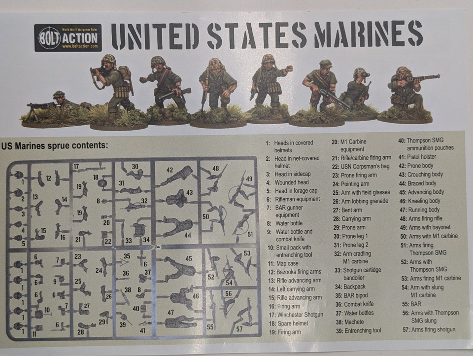 US Marines Sprue, Bolt Action, 28mm Plastic Multipose, WWII USMC ...