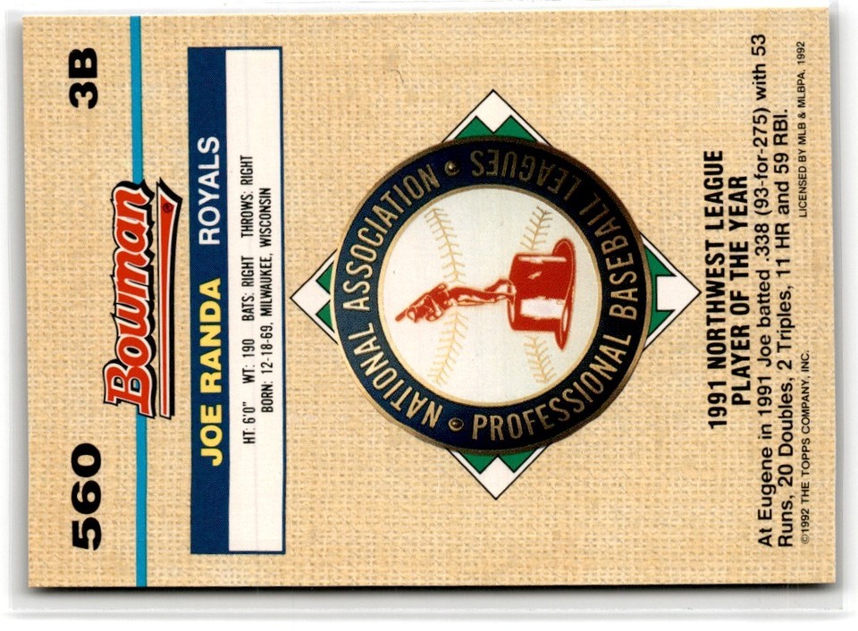 1992 Bowman Joe Randa #560 Kansas City Royals Baseball Card | eBay