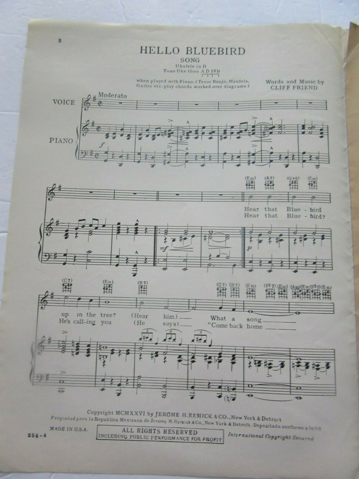 Hello Bluebird by Cliff Friend operatic edition 1926 vintage sheet ...