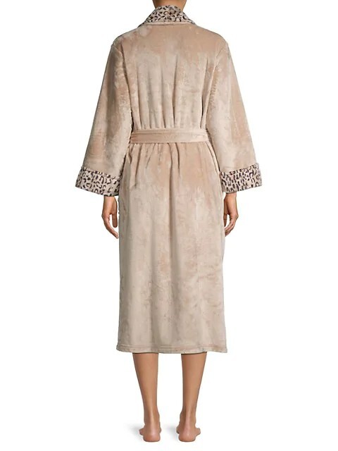 NATORI Leopard Faux Fur Trim Plush Velour Robe Natural Beige M L XL ...