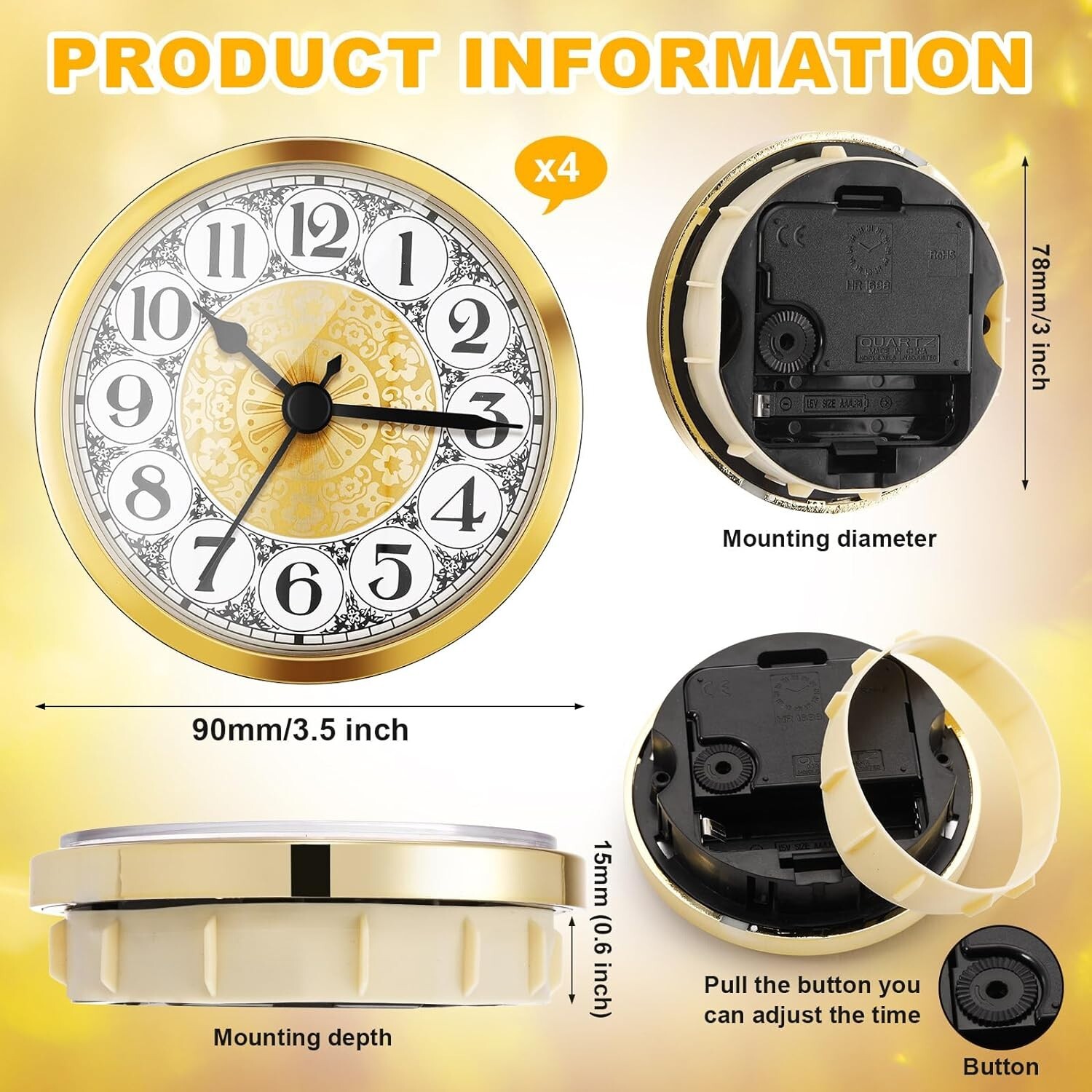 4 Pack Mini Clock Insert - 3-1/2 Inch Round Quartz Movement - Gold Tone ...