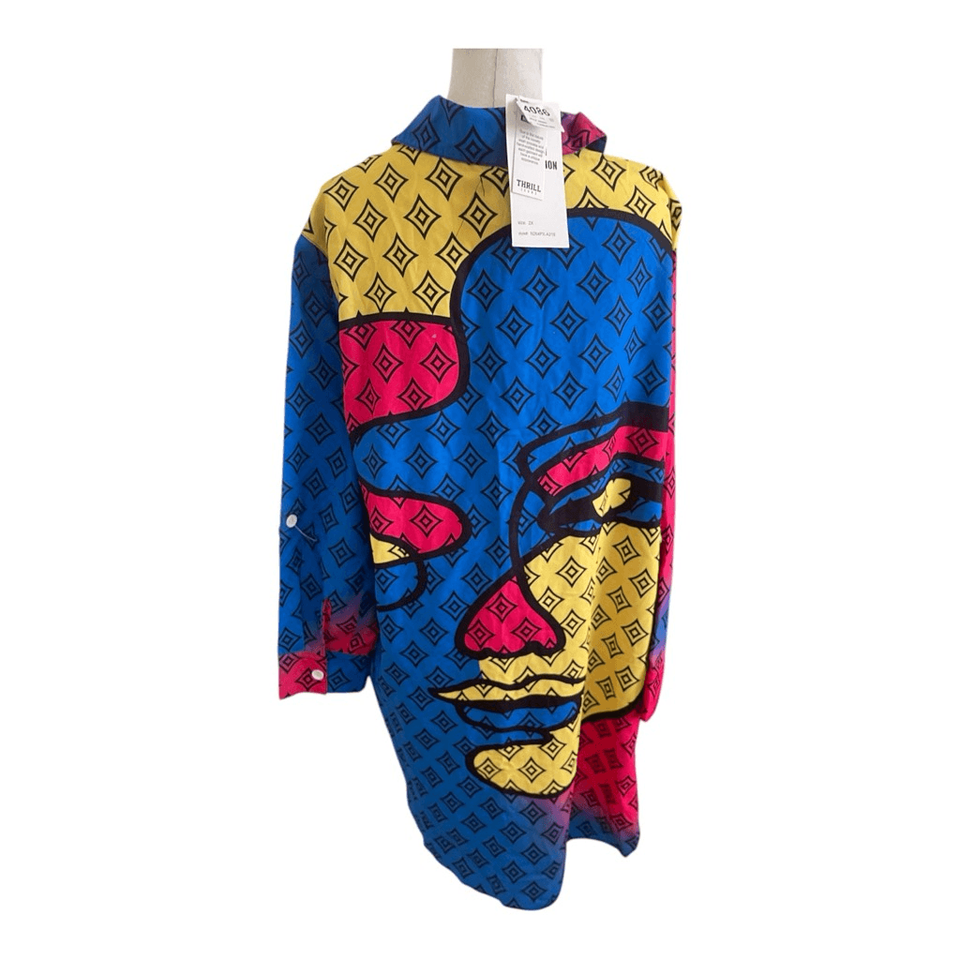 Thrill Plus Size Multicolor Face Design Button Down Blouse Size 2X | eBay