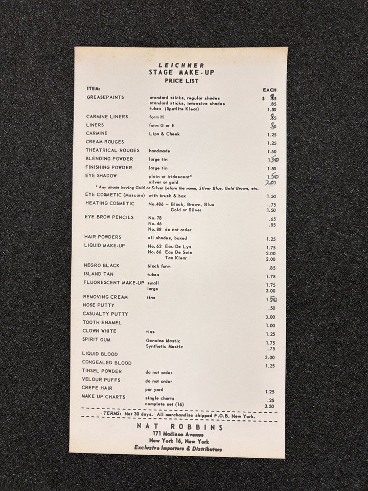 Leichner Stage Make Up Charts Price List Theater Costume Greasepaint ...