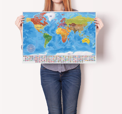 LAMINATED WORLD MAP POSTER EDUCATIONAL SCHOOL WALL ART FLAGS ATLAS A1 ...