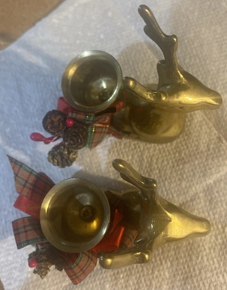 Vtg Brass Sitting Reindeer Christmas Candleholders w/Pinecones,Tartan ...