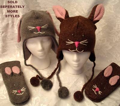 GRAY grey deLux BUNNY RABBIT HAT knit warm comfy ADULT pink ears Easter ...