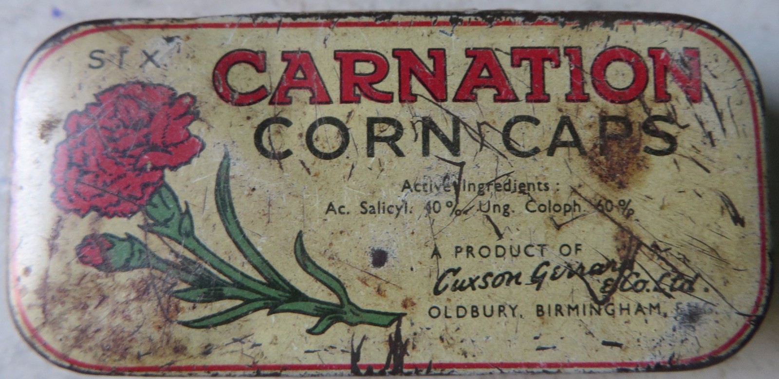 VTG ADV.MEDICAL TIN BOX CARNATION CORN CAP cuxson Gerrard oldbury ...
