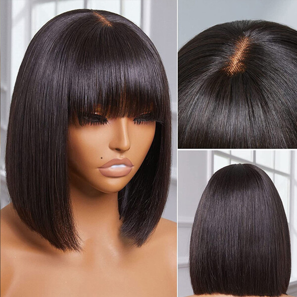 Natural Black Straight Short Bob Human Hair Wig Machine Made Remy ...