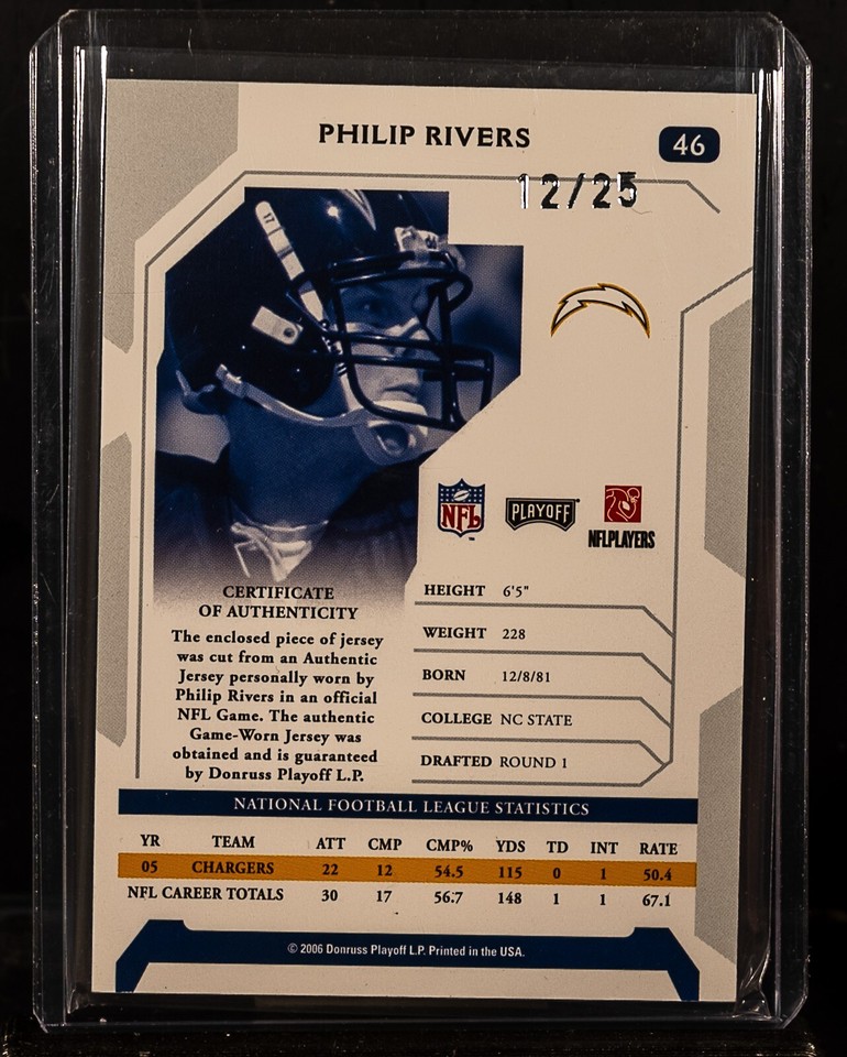 Philip Rivers 2006 Playoff NFL Playoffs Silver Signature Proof Auto 12/ ...