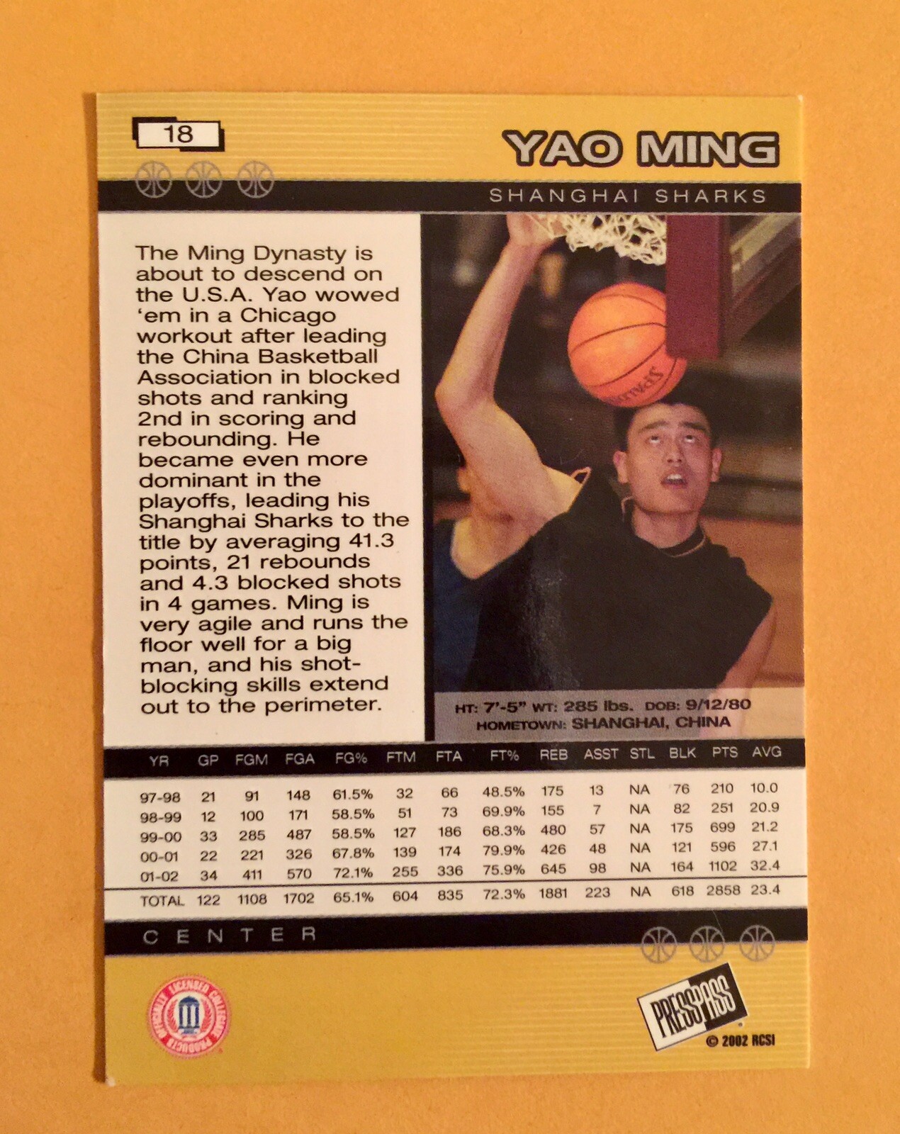 2002 Press Pass - #18 Yao Ming (RC) for sale online | eBay