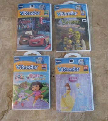 Lot, 4 NEW Vtech V. Reader game lot, Dora, Disney Princess, Cars, Shrek ...