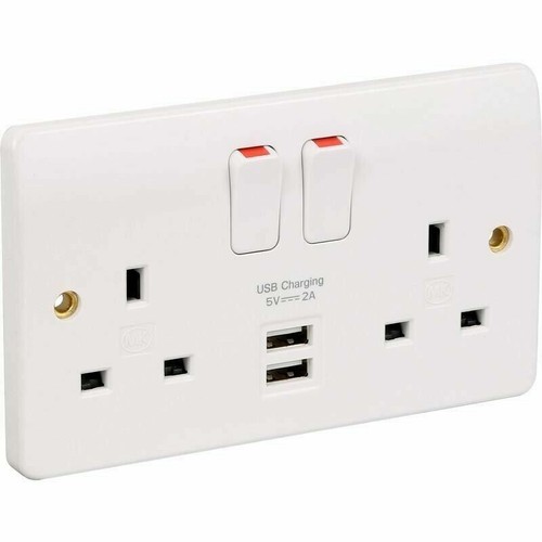 MK K2744 Twin Double 2 Gang Switched Socket with 2 x USB Sockets Plug ...