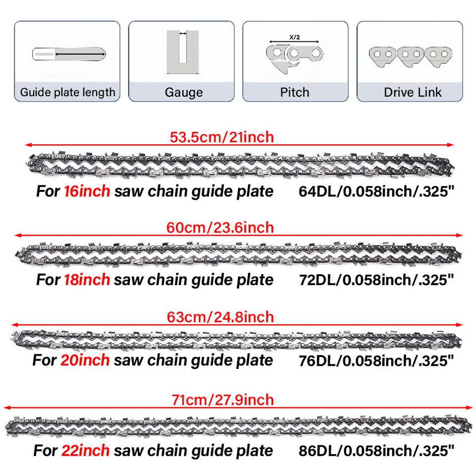 16'' 18'' 20'' Chainsaw Chain Blades 64/72/76DL Full-Chisel 0.325 ...