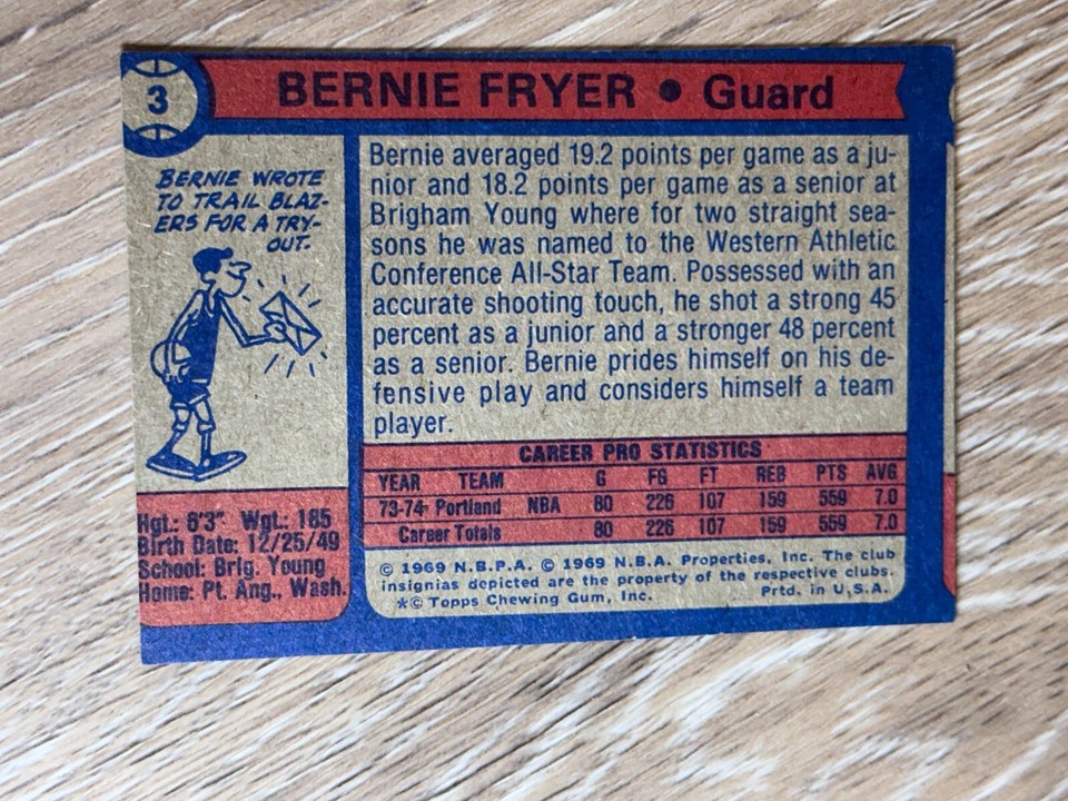 1974 Topps #3 Bernie Fryer Trail Blazers RC BYU Blazers Guard off cut ...