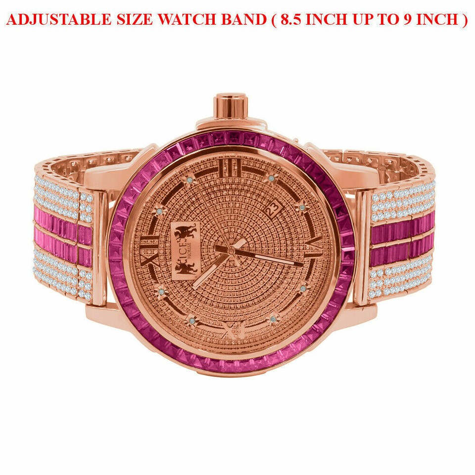 Rose Gold Genuine Diamond Dial Custom Band Ruby Red Stainless Steel ...