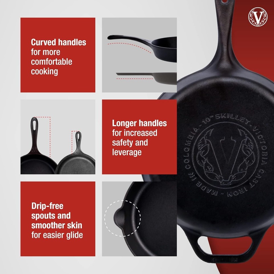 Victoria Cast Iron Skillet Large Frying Pan Seasoned Surface Cast Iron ...
