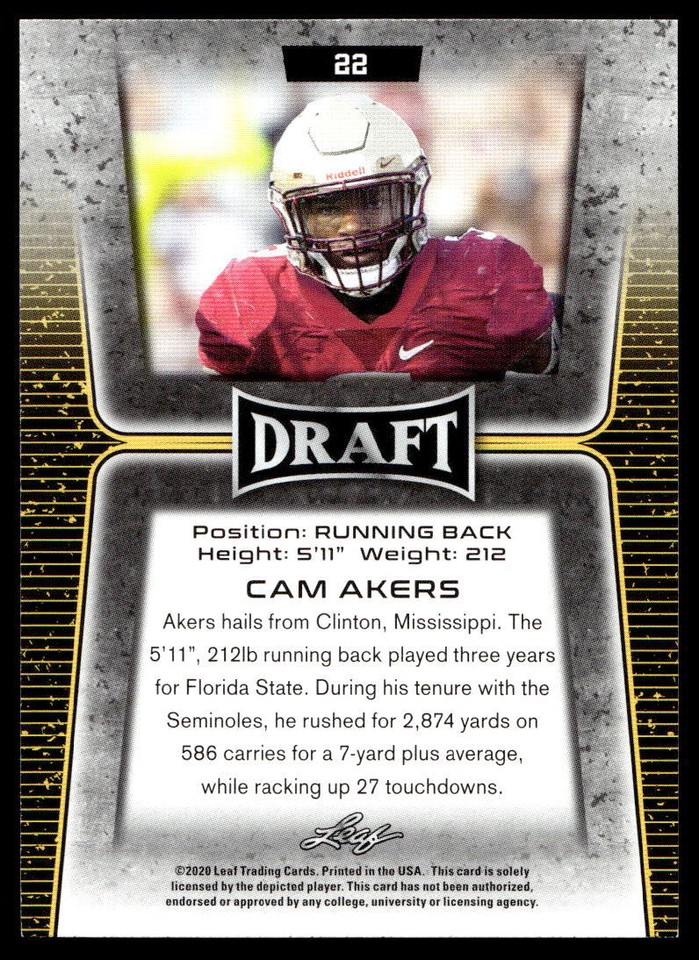 Cam Akers 2020 Leaf Draft #22 Florida State Seminoles Football Card | eBay