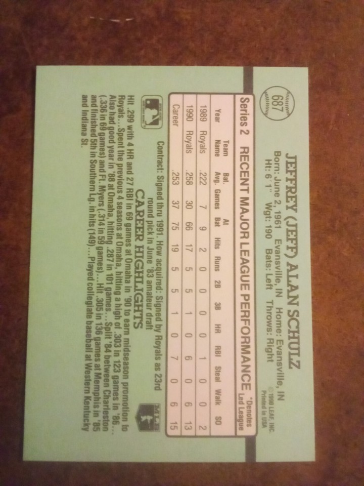 Jeff Schulz 687 Donruss 91 MLB Baseball Trading Card | eBay