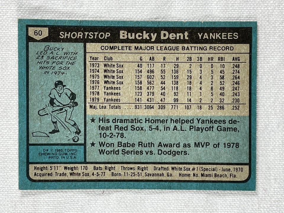 MLB Baseball Cards Bucky Dent #60 1980 Topps New York Yankees | eBay