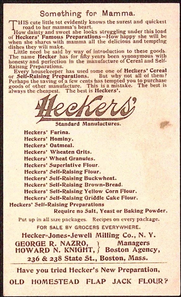 1893 HECKERS' BAKERY GOODS TRADE CARD, "MAUD HUMPHREY" GIRL & 8 ...