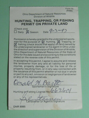 1997 Ohio Department of Natural Resources Private Land Hunting Permit ...