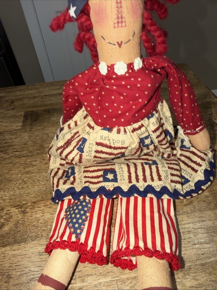 Folk Art Patriotic Doll 16”Cloth Red White & Blue Flag Primitive Rag ...
